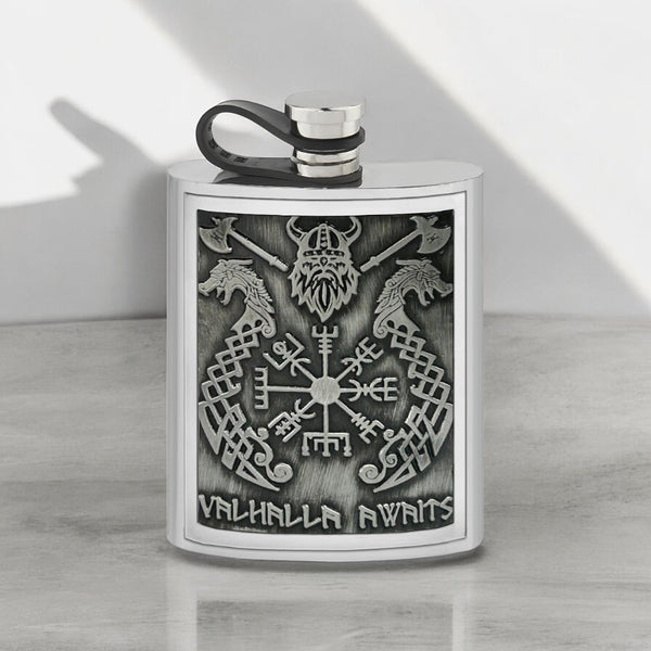 6oz Pewter Flask with Embossed Viking Valhalla Design and Flexi Cap ...